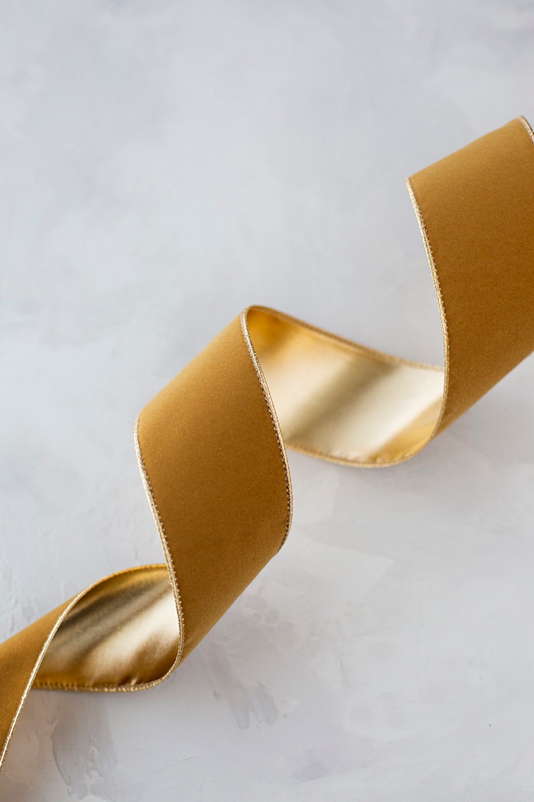 Caramel Velvet Wired Ribbon W/ Gold Metallic Lamé Backing (10 Yards ...