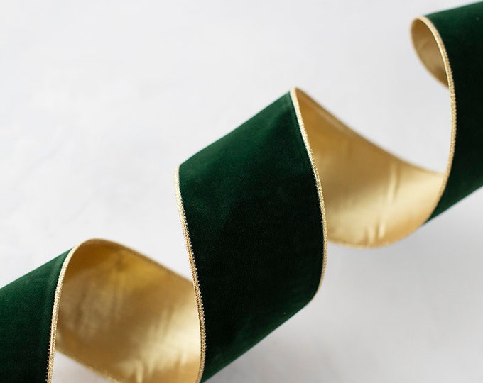 Dark Hunter Green Velvet Wired Ribbon W/ Gold Metallic Lamé Backing (10 ...