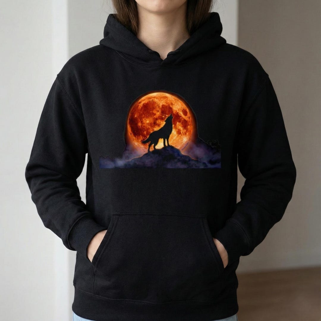 Wolf Hoodie, Blood Moon Sweatshirt, Howling Wolf Silhouette, Celestial ...
