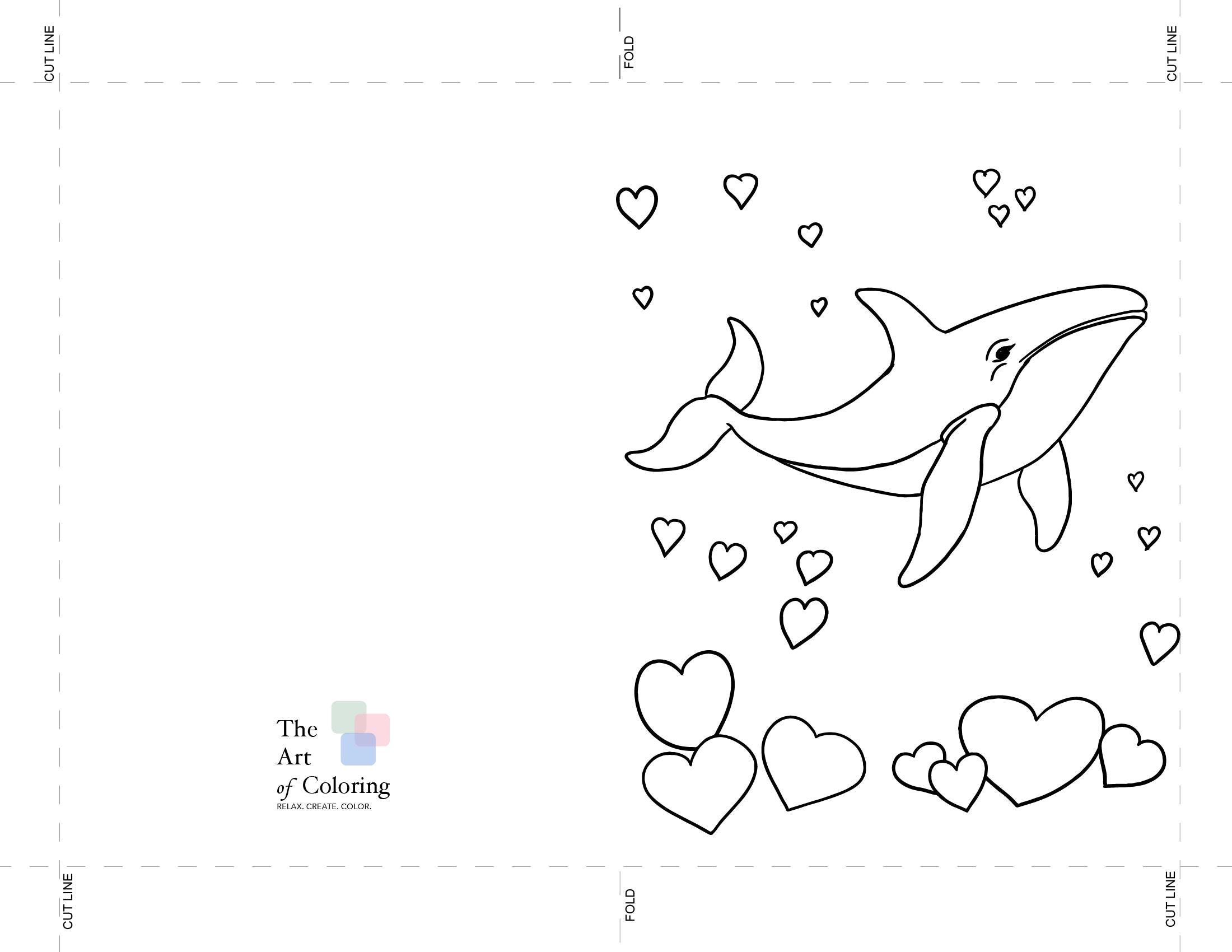 Whale Valentine Coloring Card Printable 5x7 | Cute Ocean Love Hearts ...