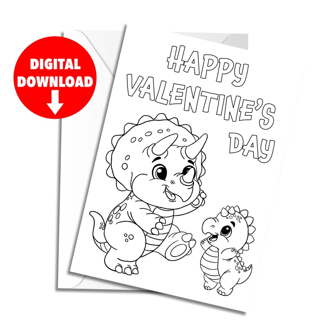 Happy Valentine’s Day Dinosaur Coloring Card Printable 5x7 | Cute Dino ...