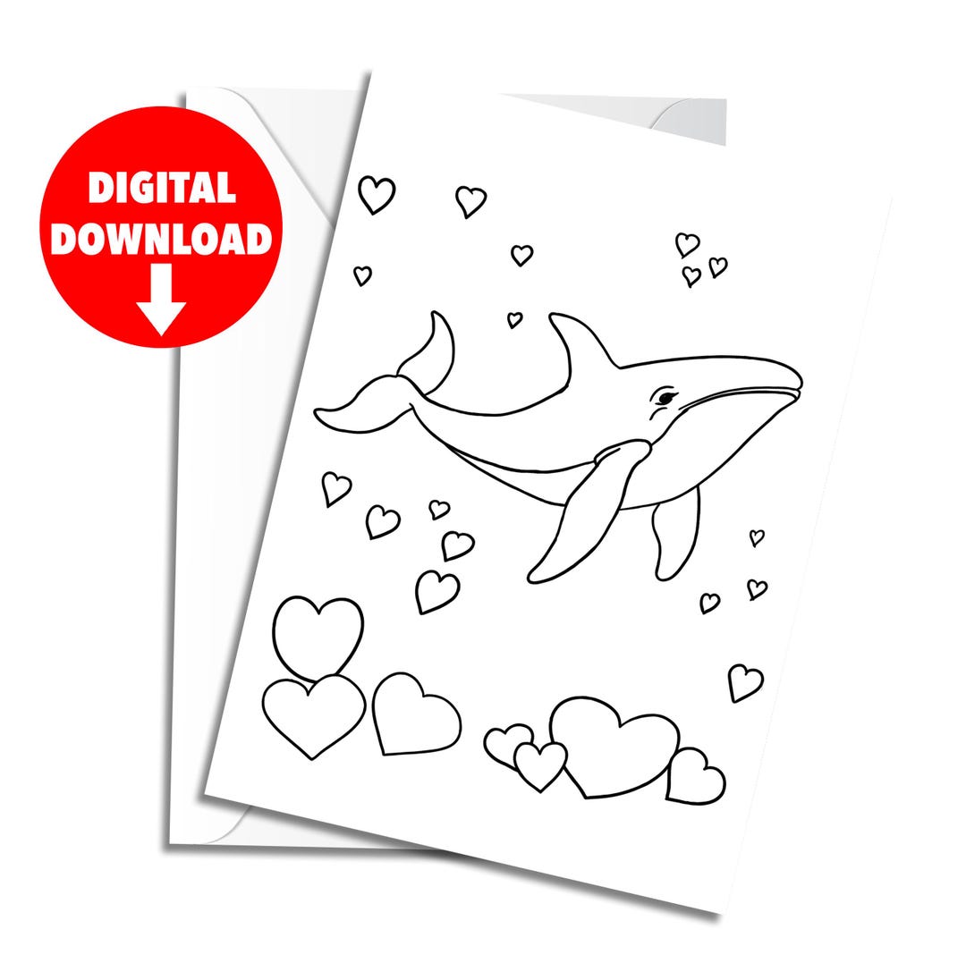 Whale Valentine Coloring Card | Kids Printable 5x7 (digital Download ...