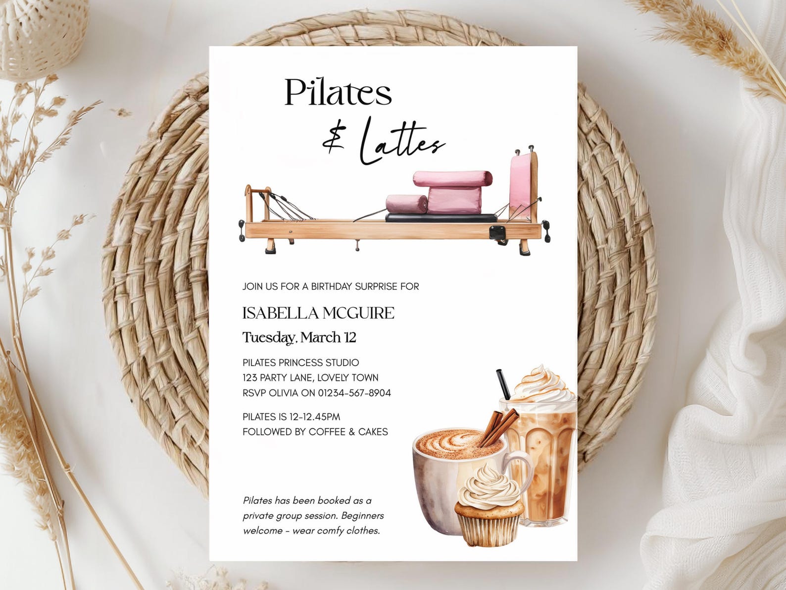 Editable Pilates & Lattes Birthday Invitation: Reformer Wellness Event ...