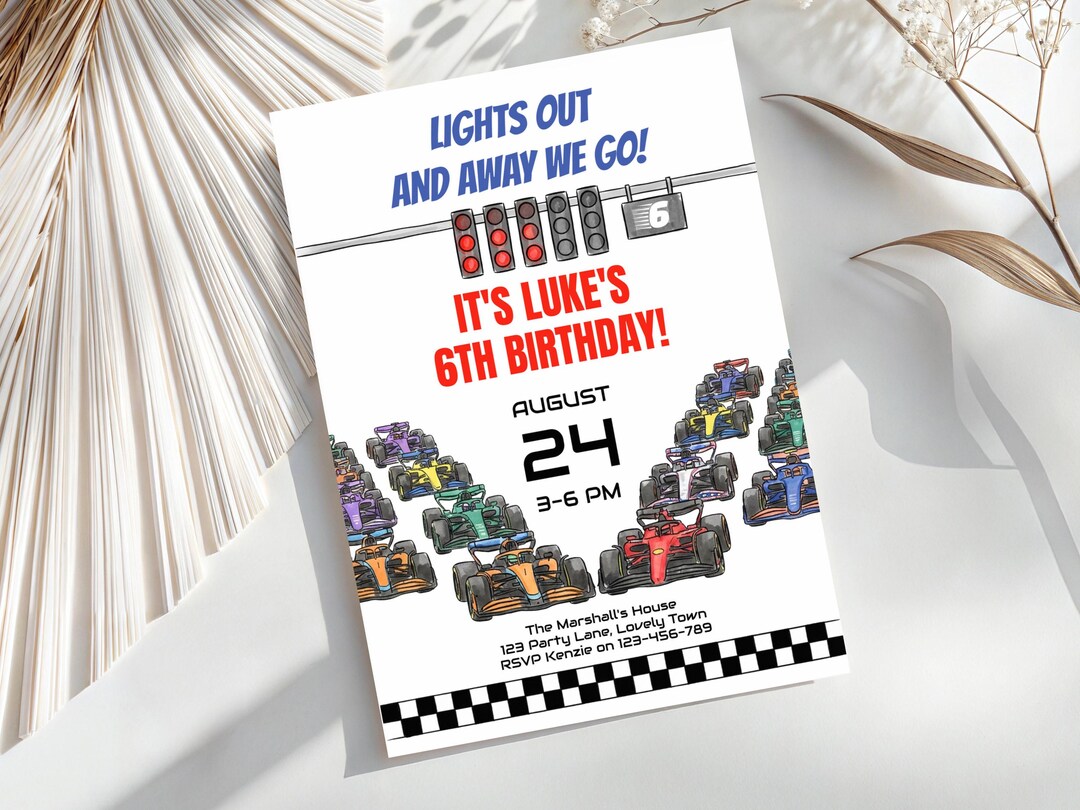 Editable Race Car Kids Birthday Invitation: Formula One Lights Out ...