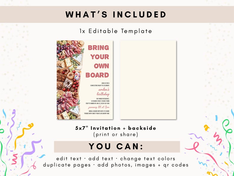 Editable Bring Your Own Board Birthday Invitation: Charcuterie BYOB ...