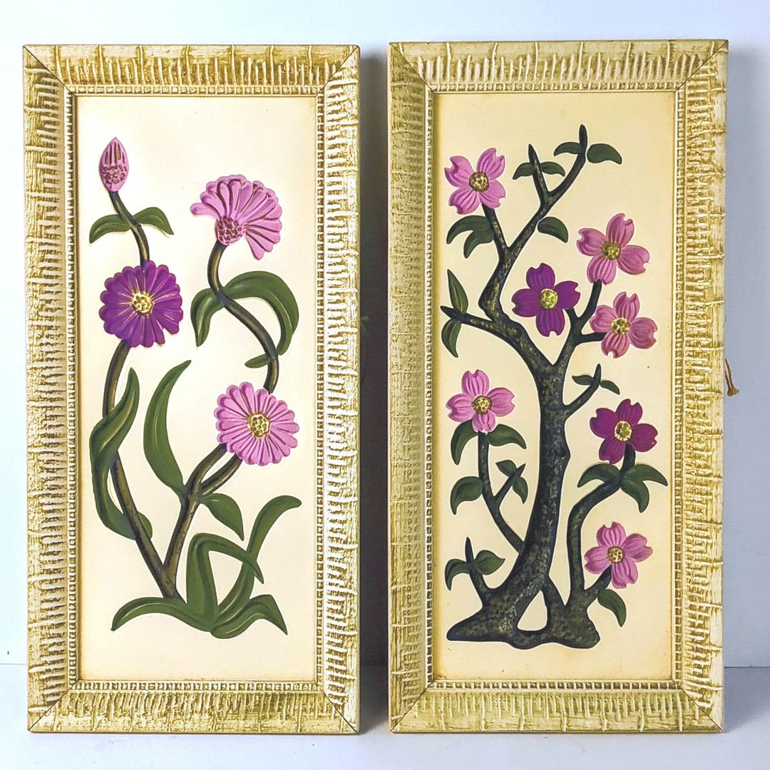 Vintage Floral Wall Art Pair | Hand-colored Plastic Plaques, Mid ...