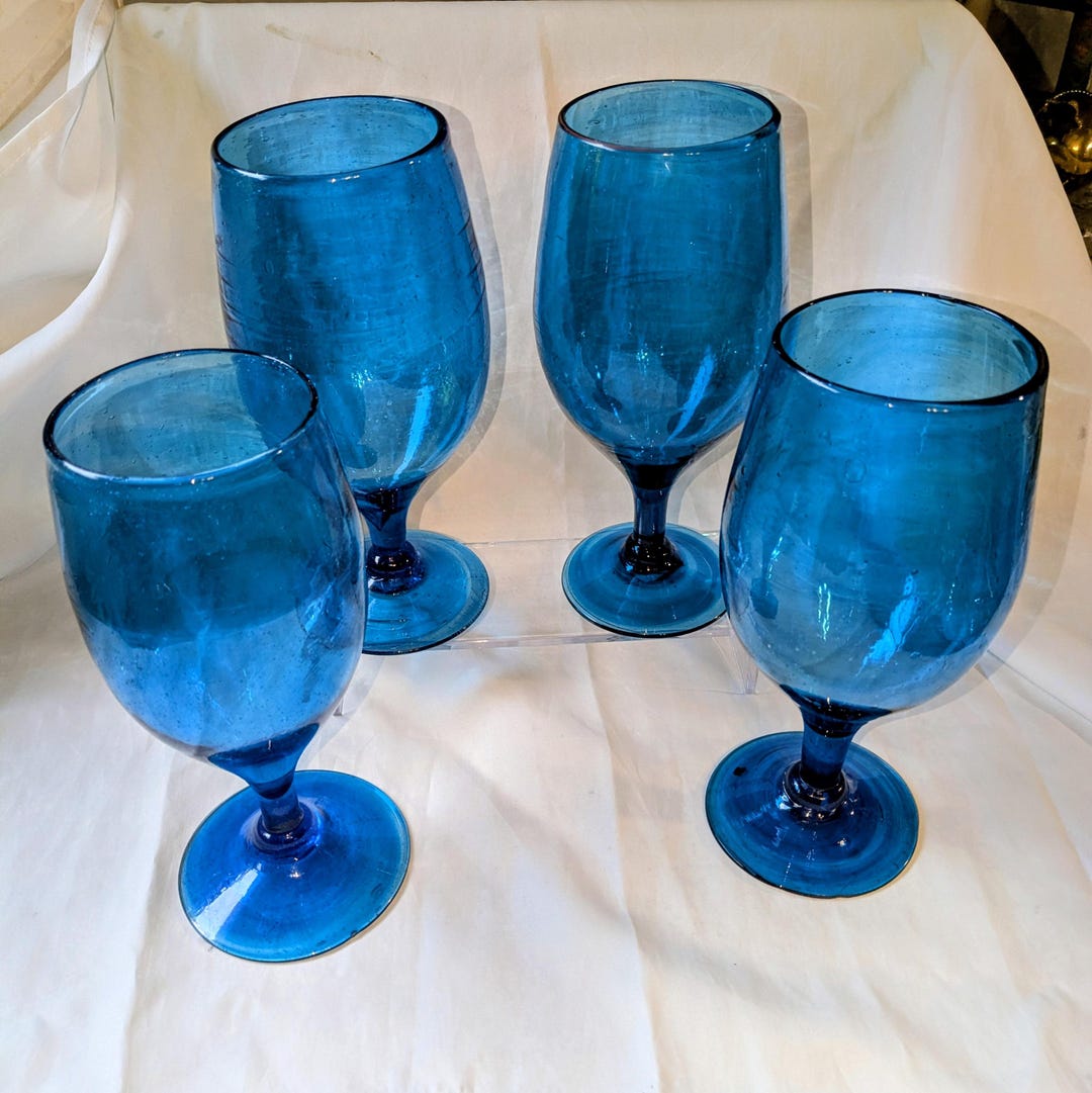 Aqua Blue Bubble Glass Goblets, Set of 4, Vintage Mexican Art - Etsy
