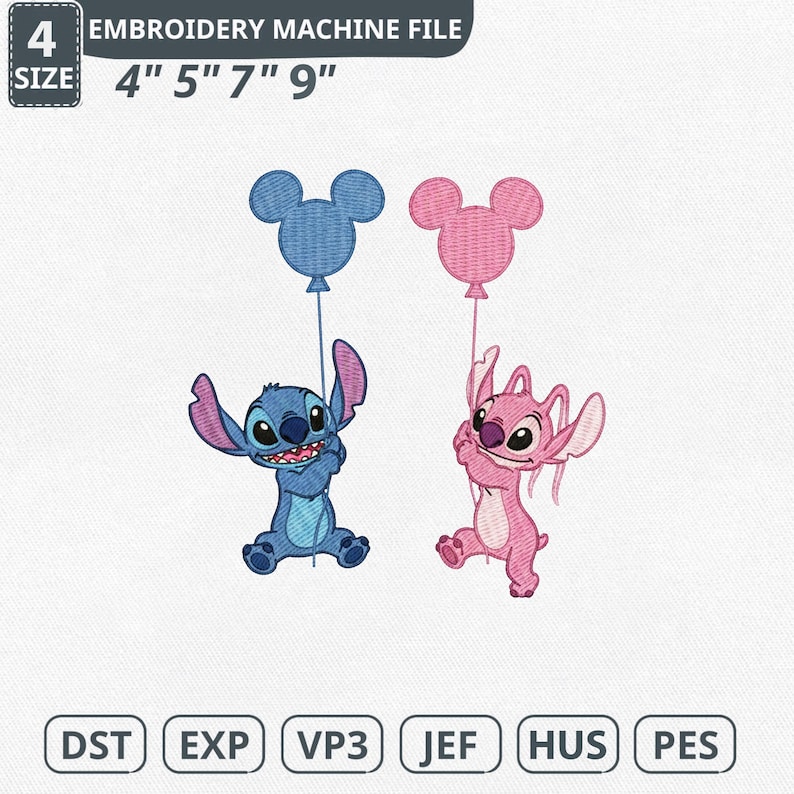 Stitch and Angel Balloon Embroidery Design, Cute Cartoon Embroidery ...