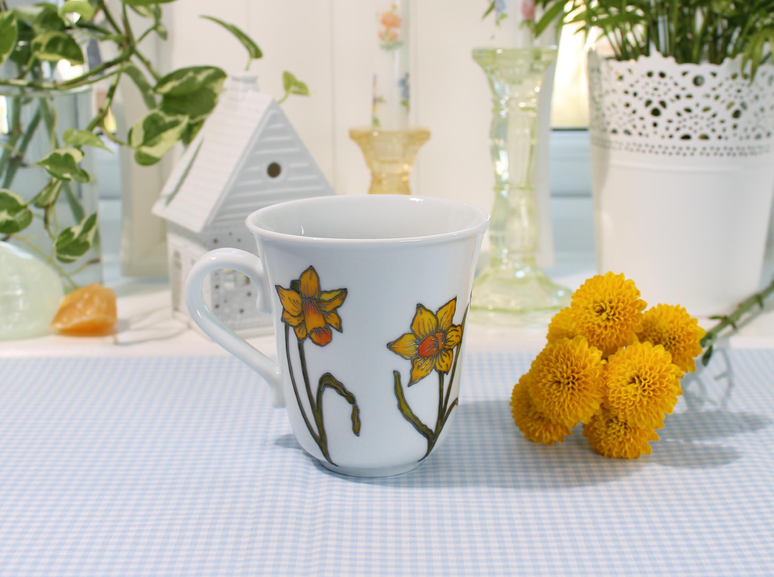 Hand Painted Porcelain Mug – Daffodil Design – Botanical Tea Cup ...