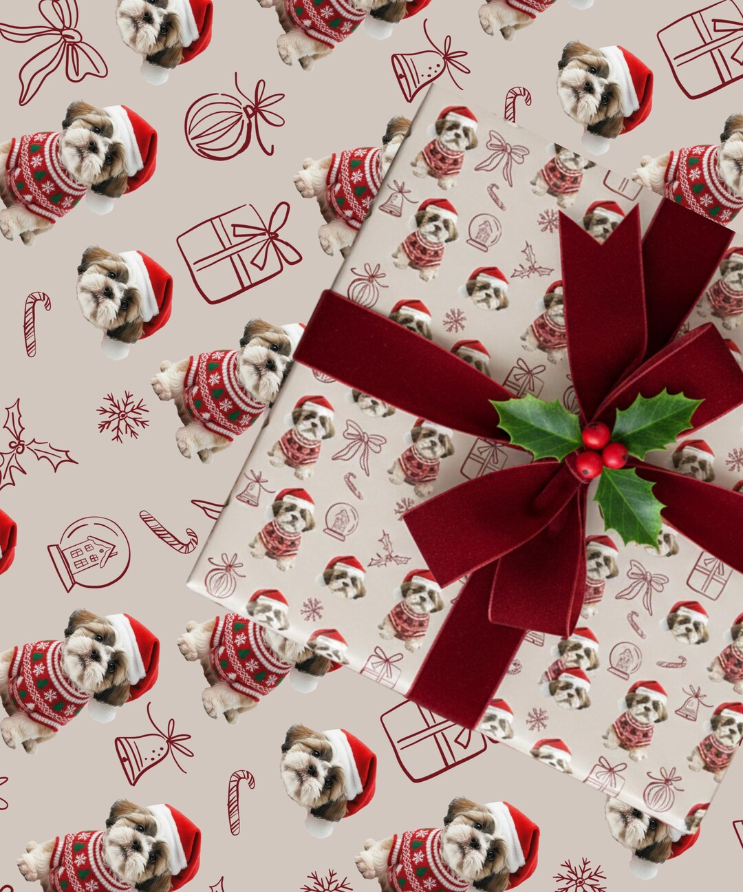 Yorkie Dog Christmas Wrapping Papers, Festive Holiday Gift Wrap, Beige ...