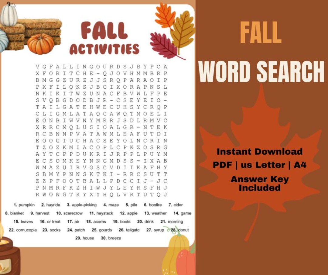 Fall Activities Word Search Printable – Autumn Kids & Family Game ...