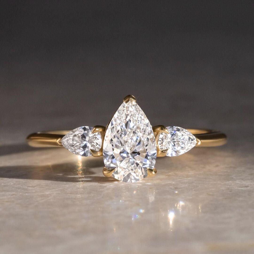 Three Stone Proposal Ring, Pear Cut Engagement Ring, Tear Drop ...