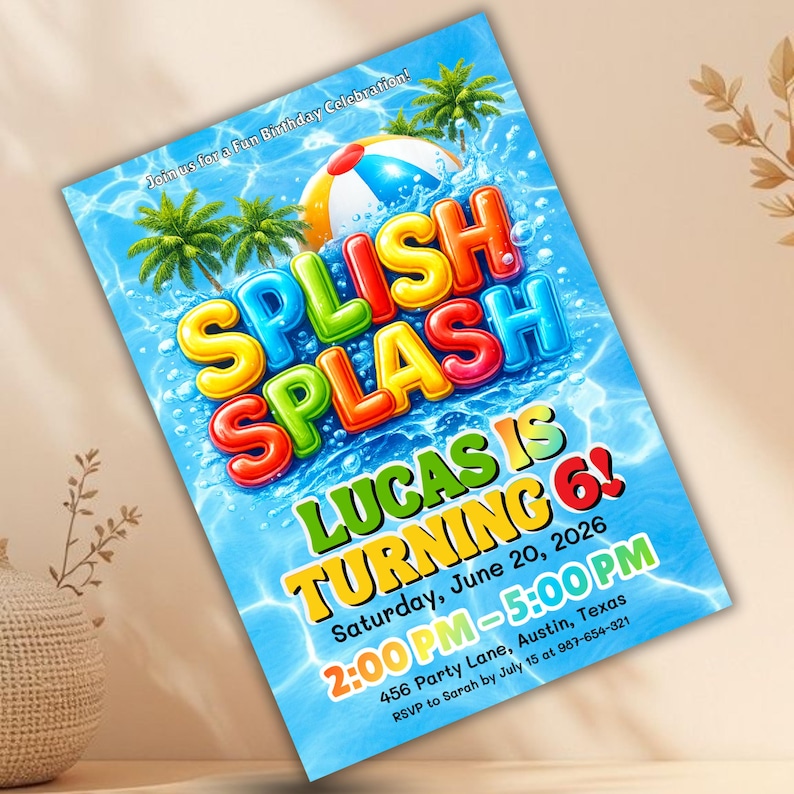Splish Splash Birthday Invitation, Pool Party Invite for Kids, Summer ...
