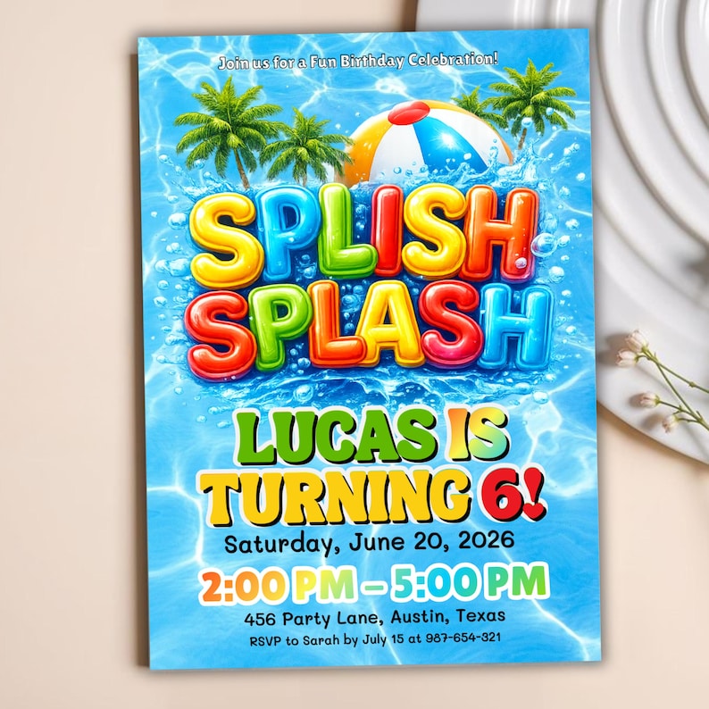 Splish Splash Birthday Invitation, Pool Party Invite for Kids, Summer ...