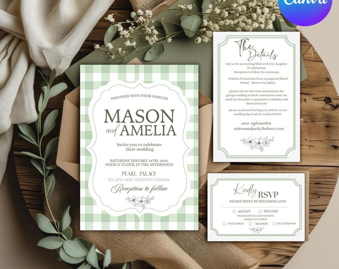 Green Stripe Wedding Invitation Template Suite, Editable RSVP & Details ...