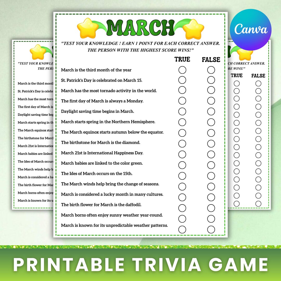 March True or False Game, March Trivia Game, Classroom March True/false ...