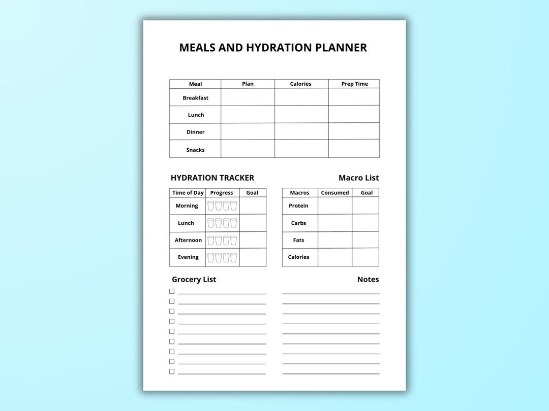Daily Meal and Hydration Planner With Macro List Grocery Checklist ...