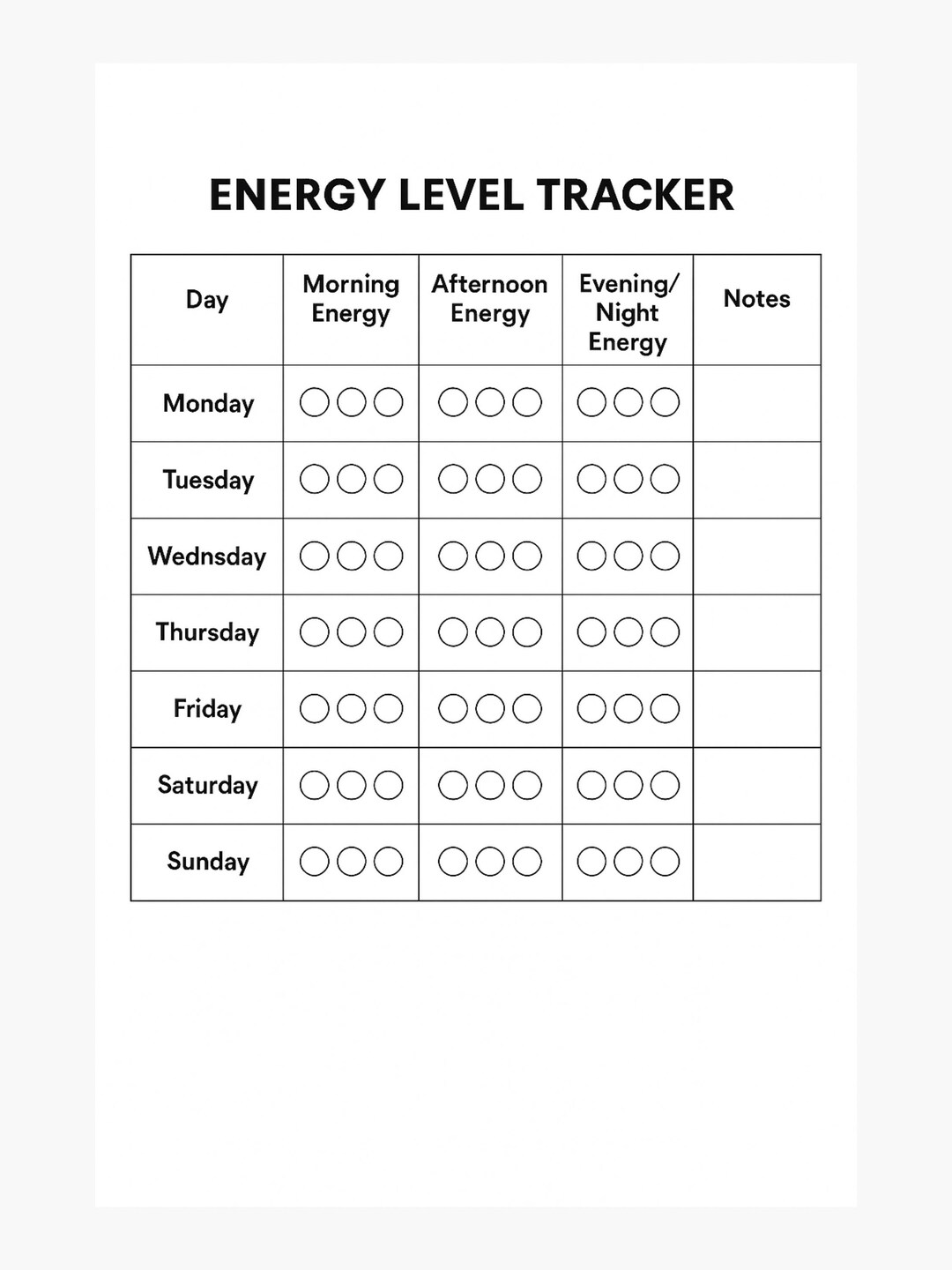 Energy Level Tracker - Printable PDF and Digital Download - Etsy Australia