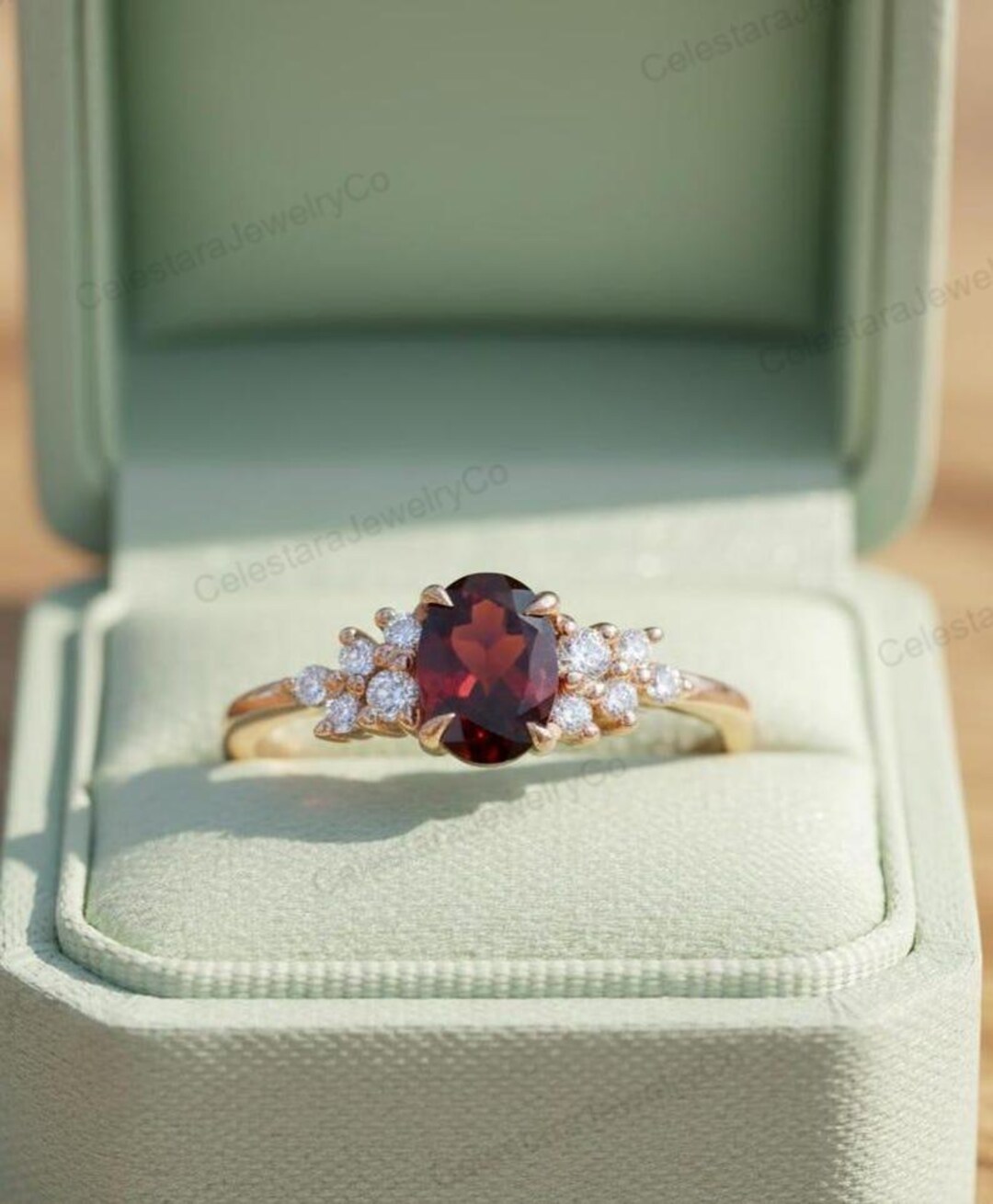 Oval Garnet Engagement Ring, 14K Solid Gold Ring, Side Accent Diamond ...