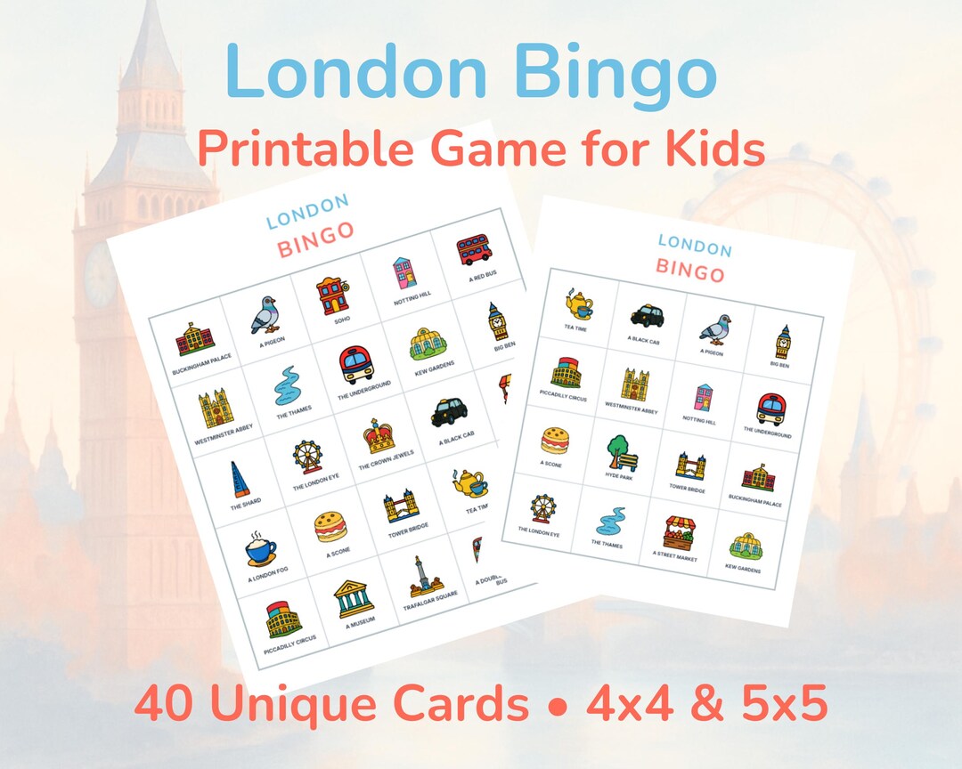 London Bingo Printable Game | 40 Bingo Cards (4×4 & 5×5) Color + Low ...