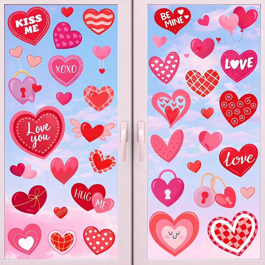 Valentine Window Clings Set of 4, Double Sided Heart Window Stickers ...