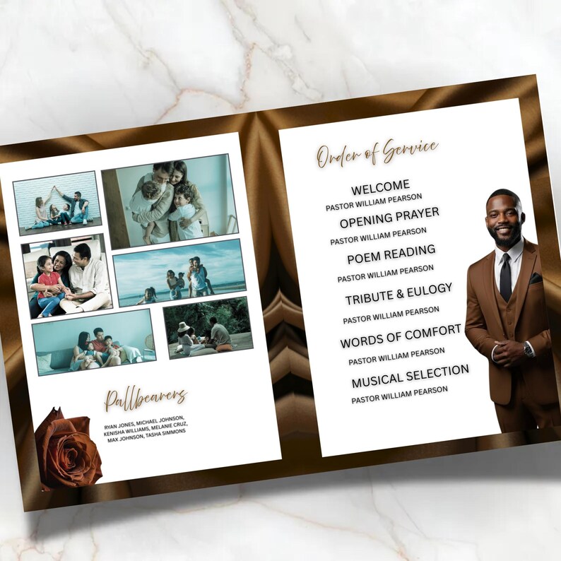 Dark Brown Roses Funeral Program Template, Canva Template, in the ...