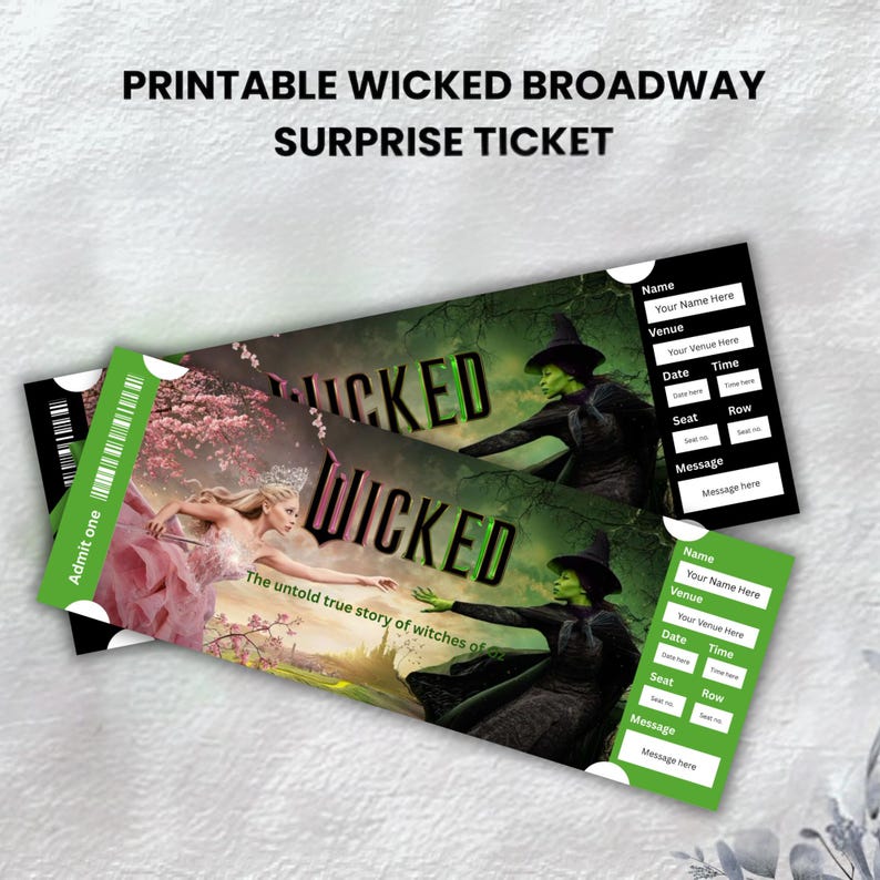 Printable Wicked Musical Theatre Ticket, Editable Gift Reveal ...