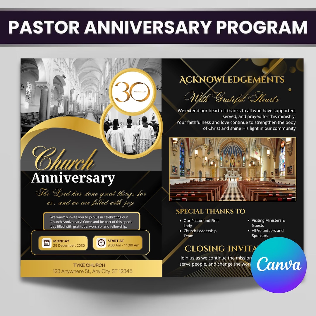 Gold Church Anniversary Program, Editable Canva Template (digital ...