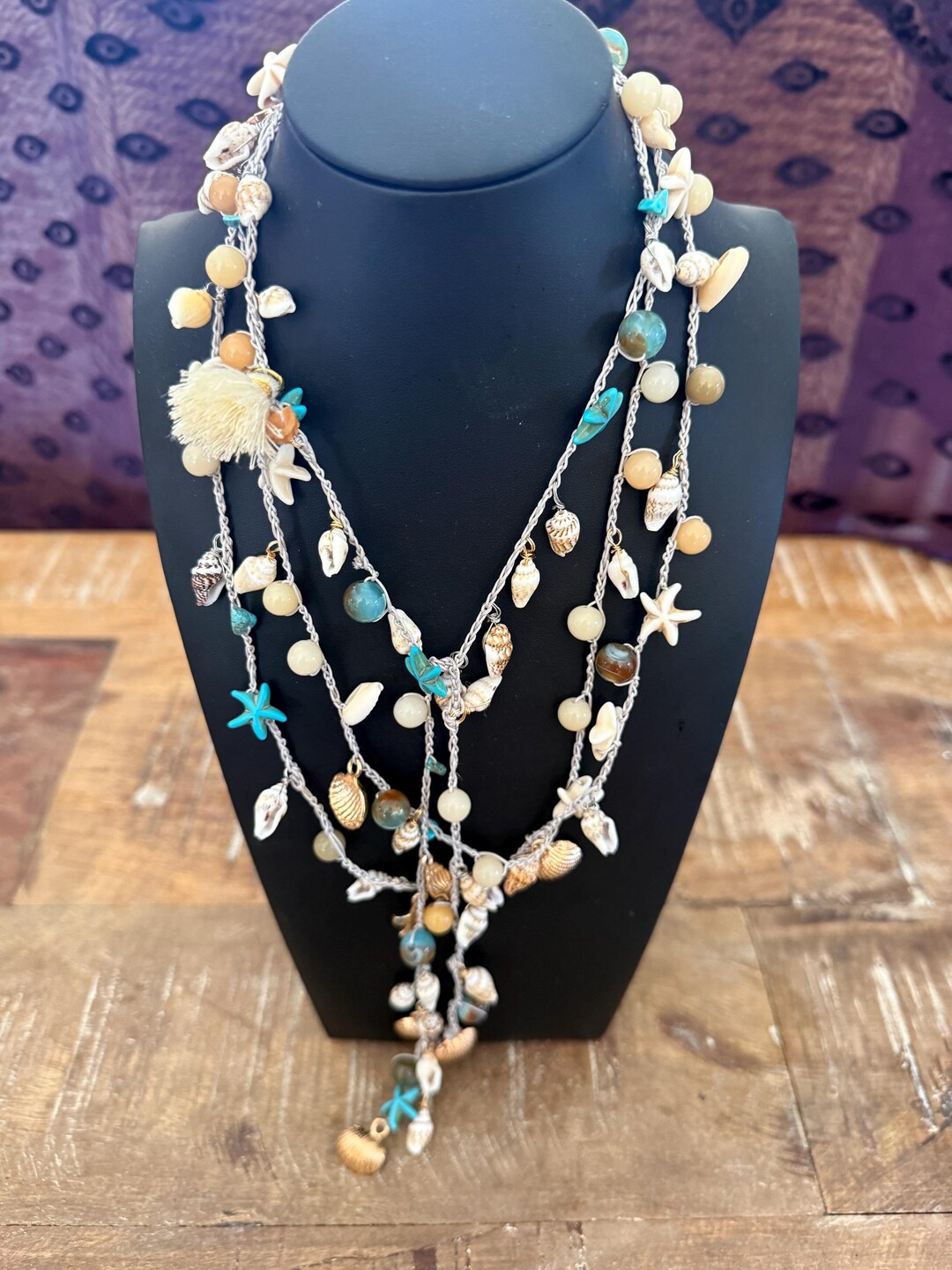 Shell Blue and Natural Colors Crochet Necklace - Etsy