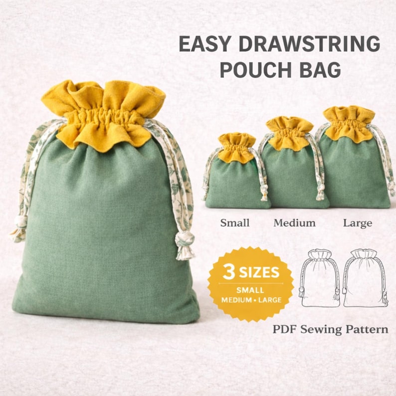 Easy Drawstring Bag Sewing Pattern: 3 Sizes, Beginner DIY (PDF) - Etsy