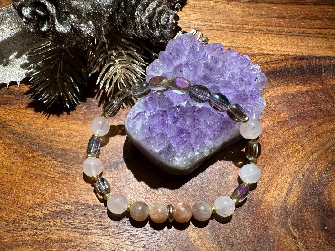 Sunstone and Rose Quartz With Faceted Glass Beads Handmade Bracelet ...