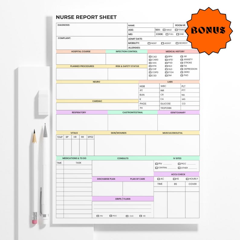 Printable Nurse Report Sheet – Quick Handoff Form for ICU & Med-surg - Etsy