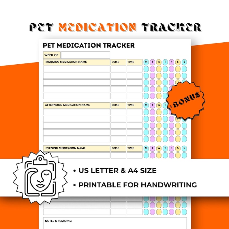 Pet Medication Tracker Printable PDF Dog Cat Medicine Log With Bonus ...