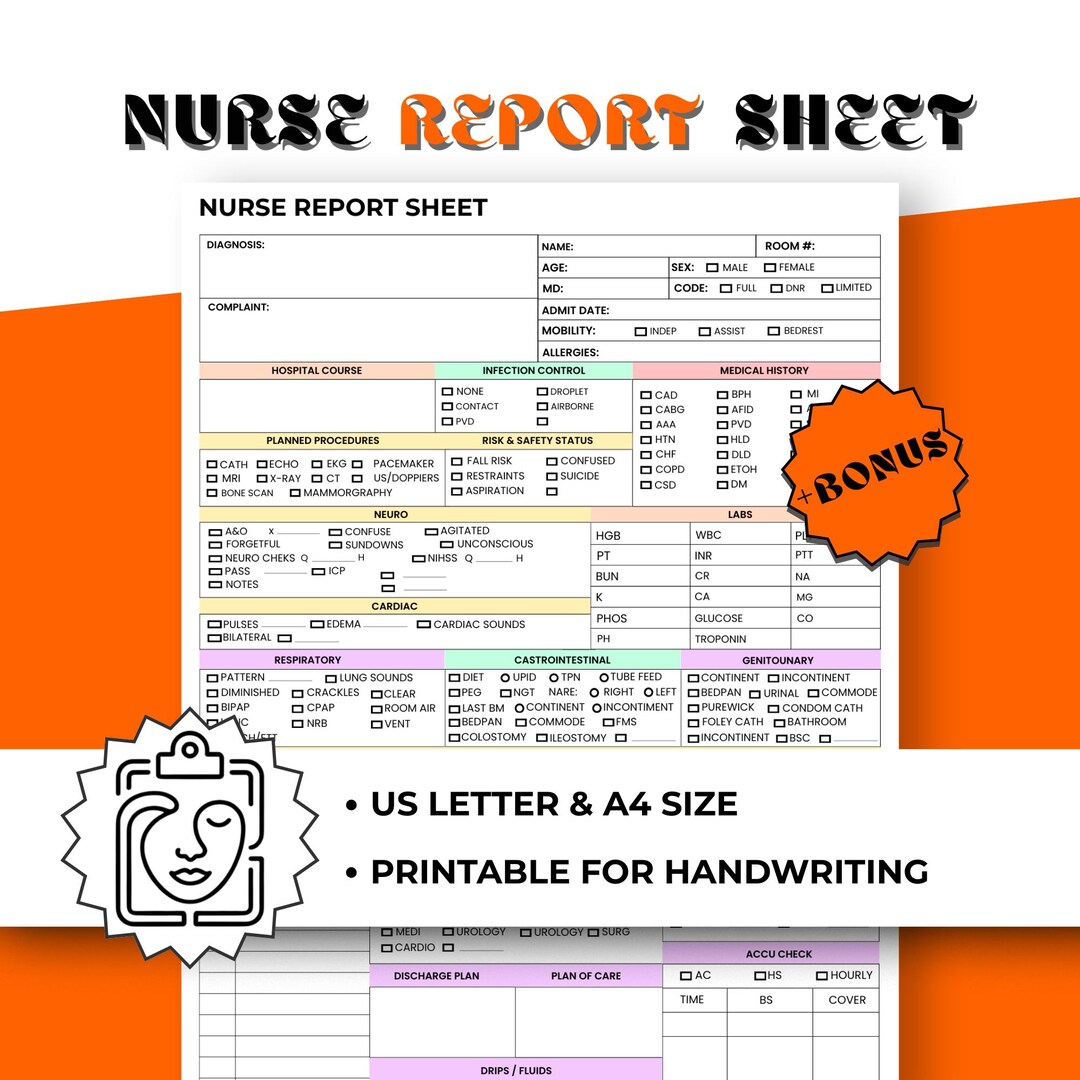 Printable Nurse Report Sheet – Quick Handoff Form for ICU & Med-surg - Etsy