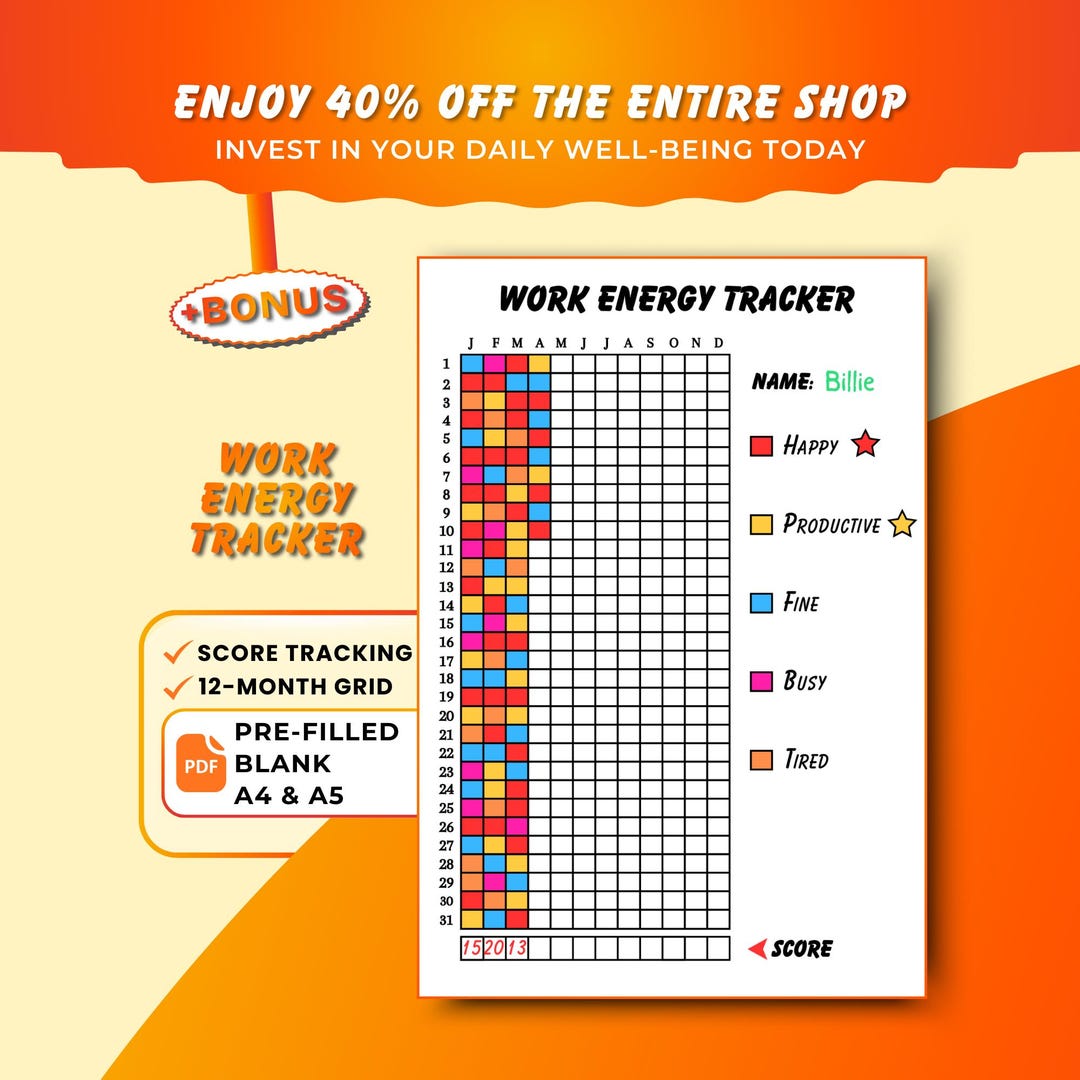 Work Tracker Printable, Yearly Pixel Productivity Log for Energy Mood ...