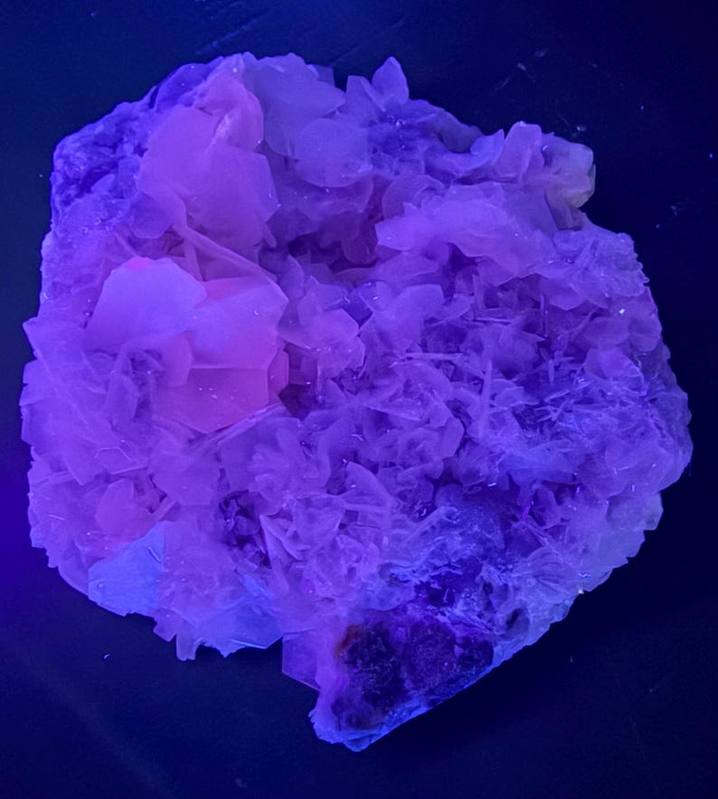 White Rose Calcite on Blue-gray Chalcedony Matrix, UV Reactive Crystal ...