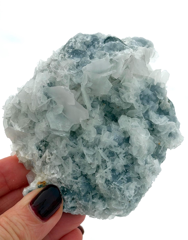 White Rose Calcite on Blue-gray Chalcedony Matrix, UV Reactive Crystal ...