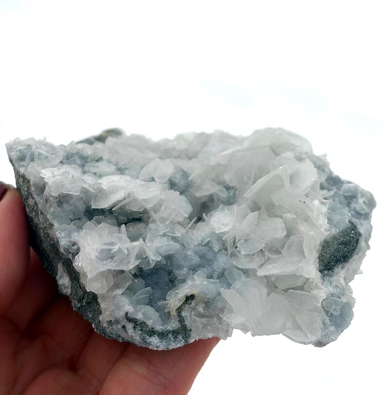 White Rose Calcite on Blue-gray Chalcedony Matrix, UV Reactive Crystal ...