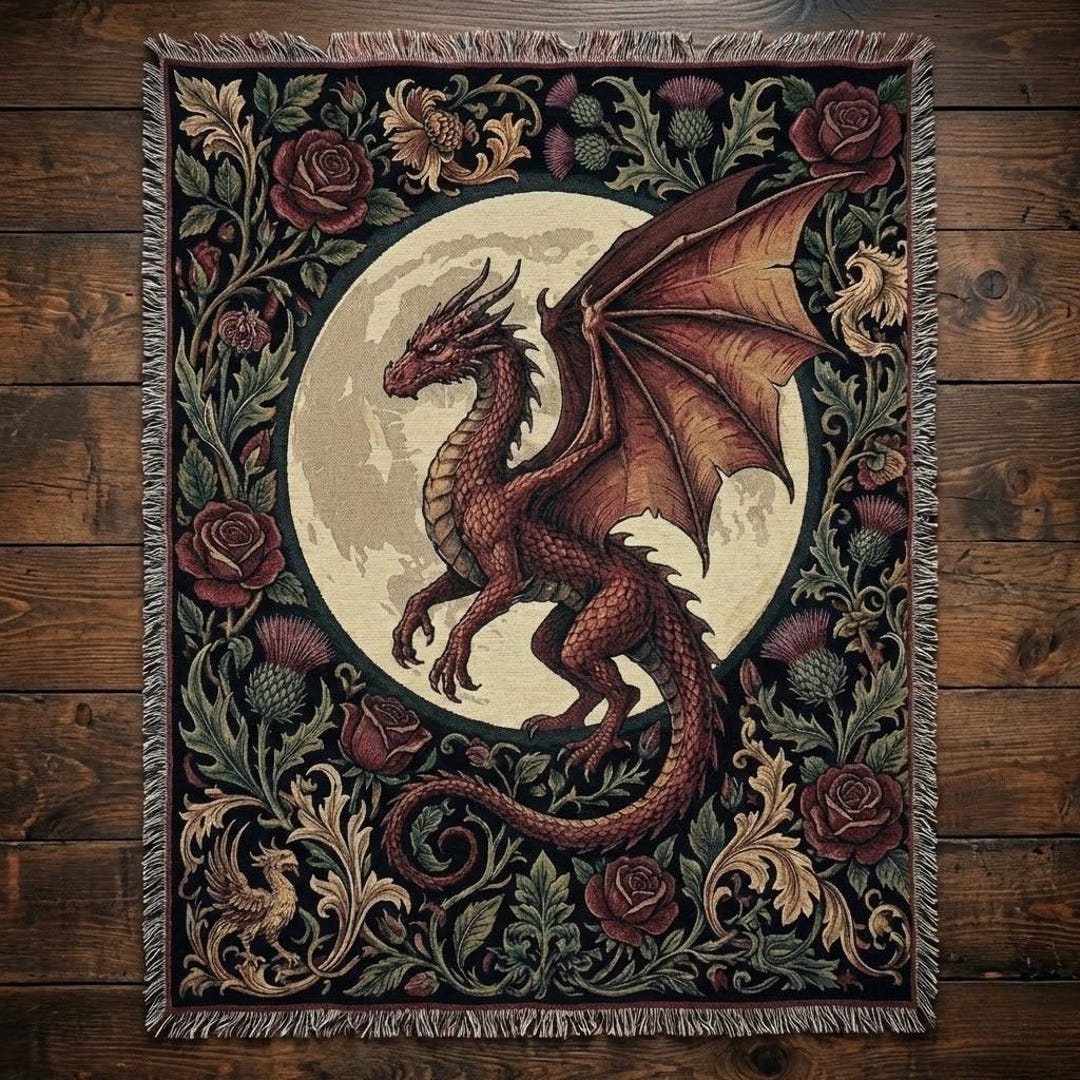 Red Dragon Woven Blanket | Medieval Tapestry Throw | Dark Fantasy Art ...