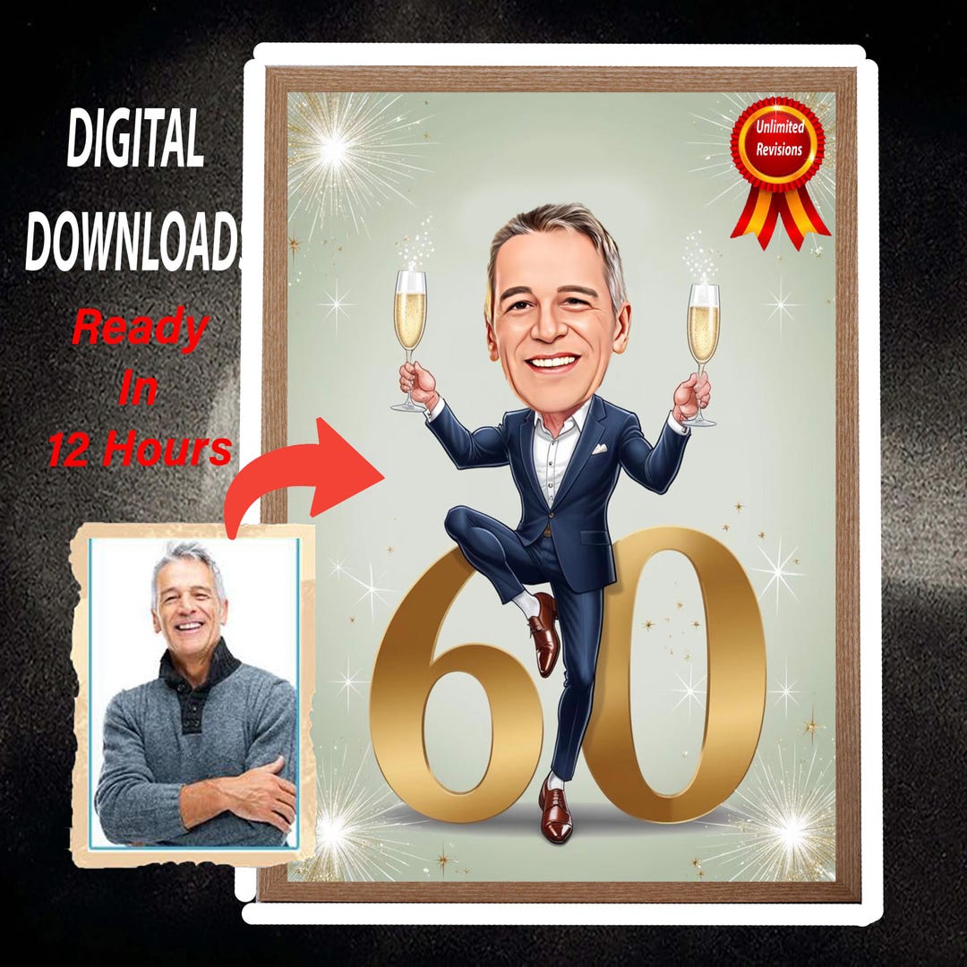 60th Birthday Caricature Gift for Man | Custom Cartoon Portrait ...