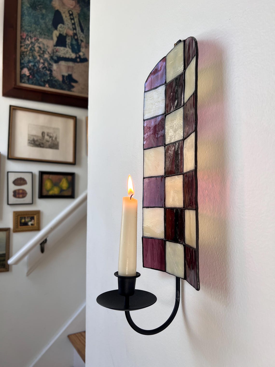 Purple & Cream Checkered Stained Glass Candle Wall Sconce - Etsy
