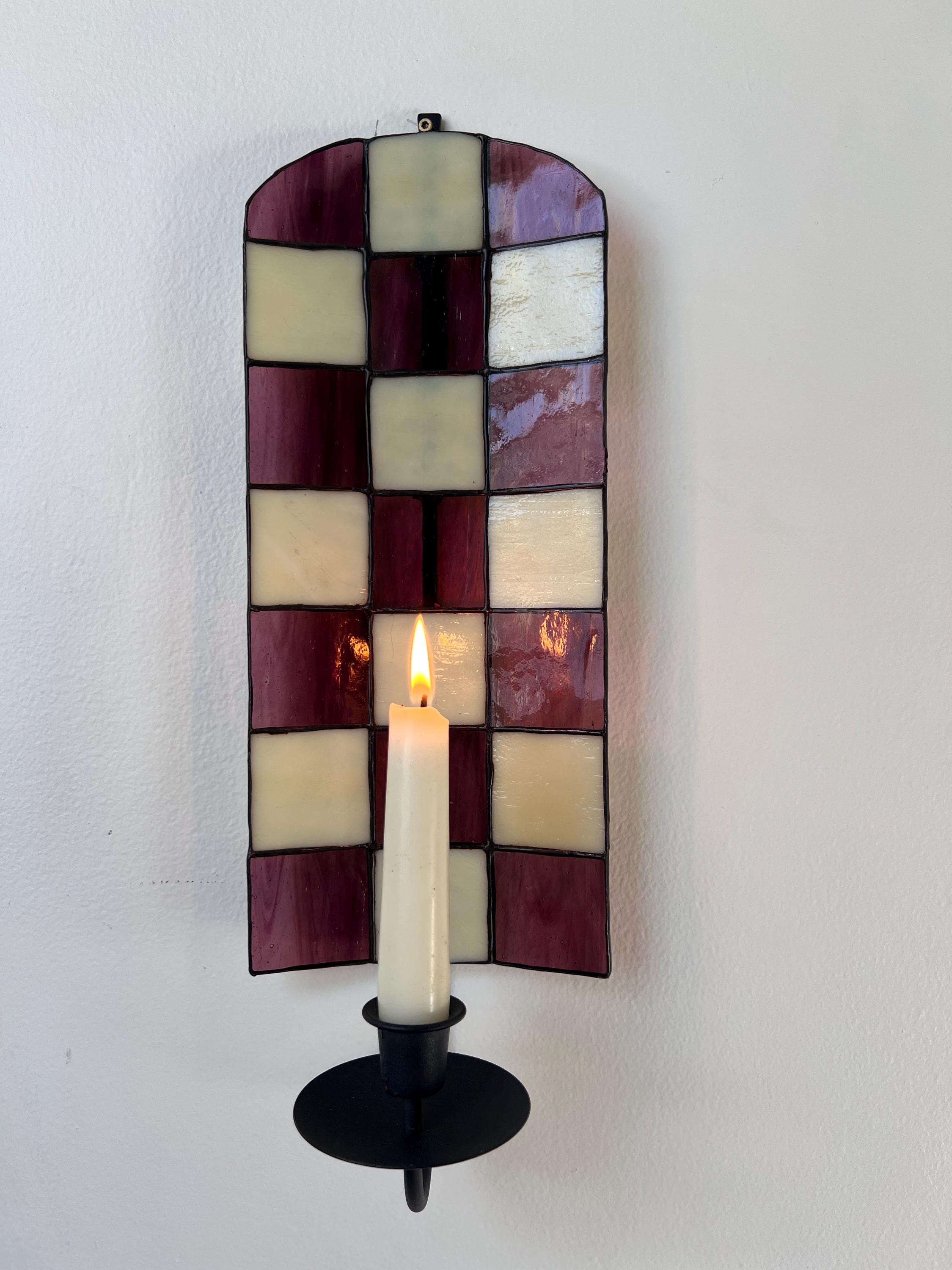 Purple & Cream Checkered Stained Glass Candle Wall Sconce - Etsy