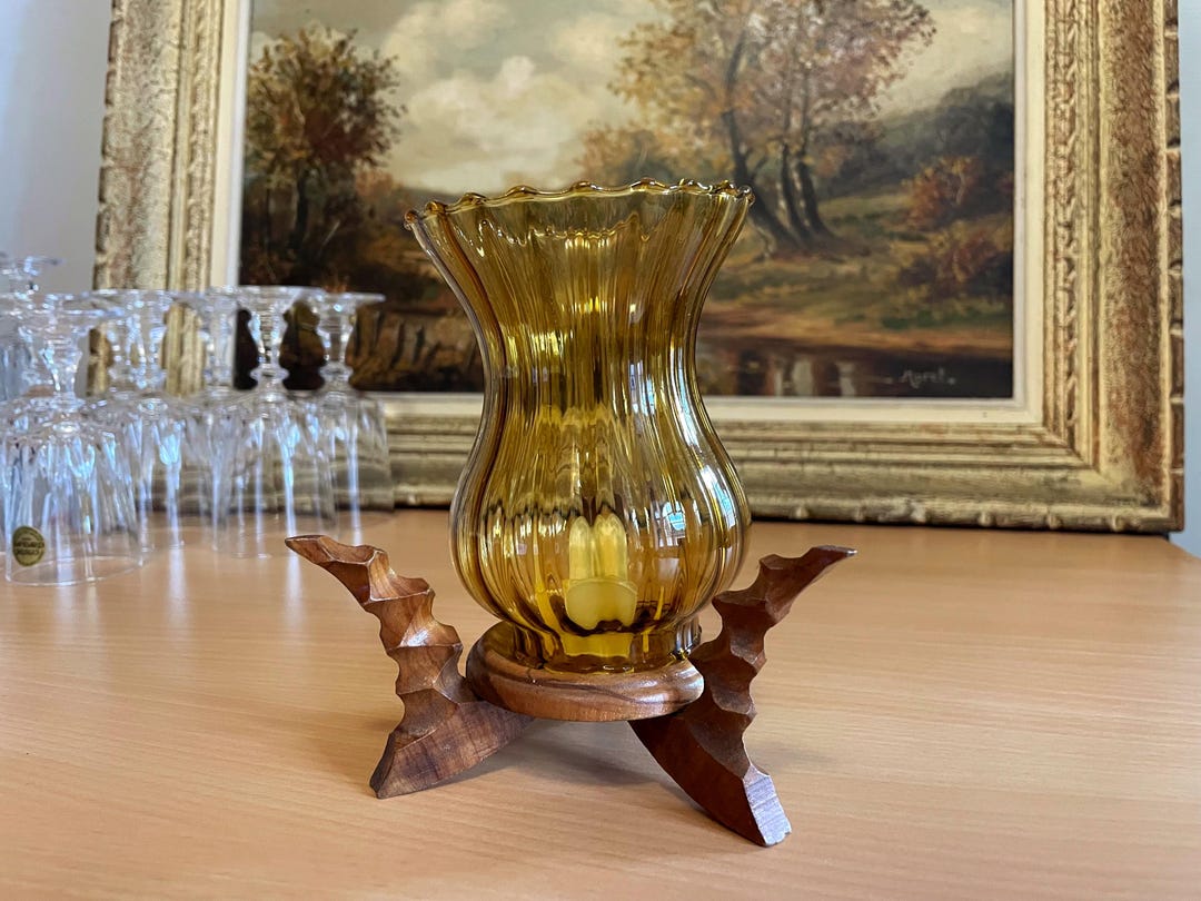 Vintage Amber Glass Candlestick With Carved Wooden Base - Retro ...