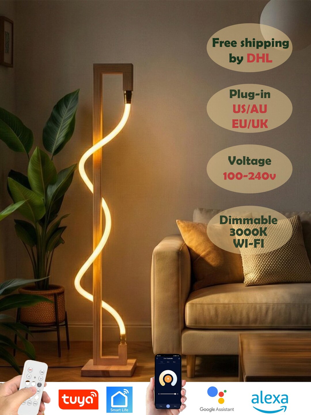 Handmade Smart LED Floor Lamp, Solid Wood, Wifi Voice Control - Etsy