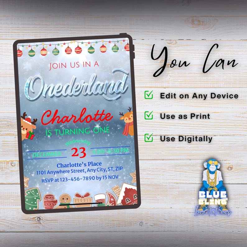 Christmas Onederland Birthday Invitation, Reindeer Cookies Theme (canva ...