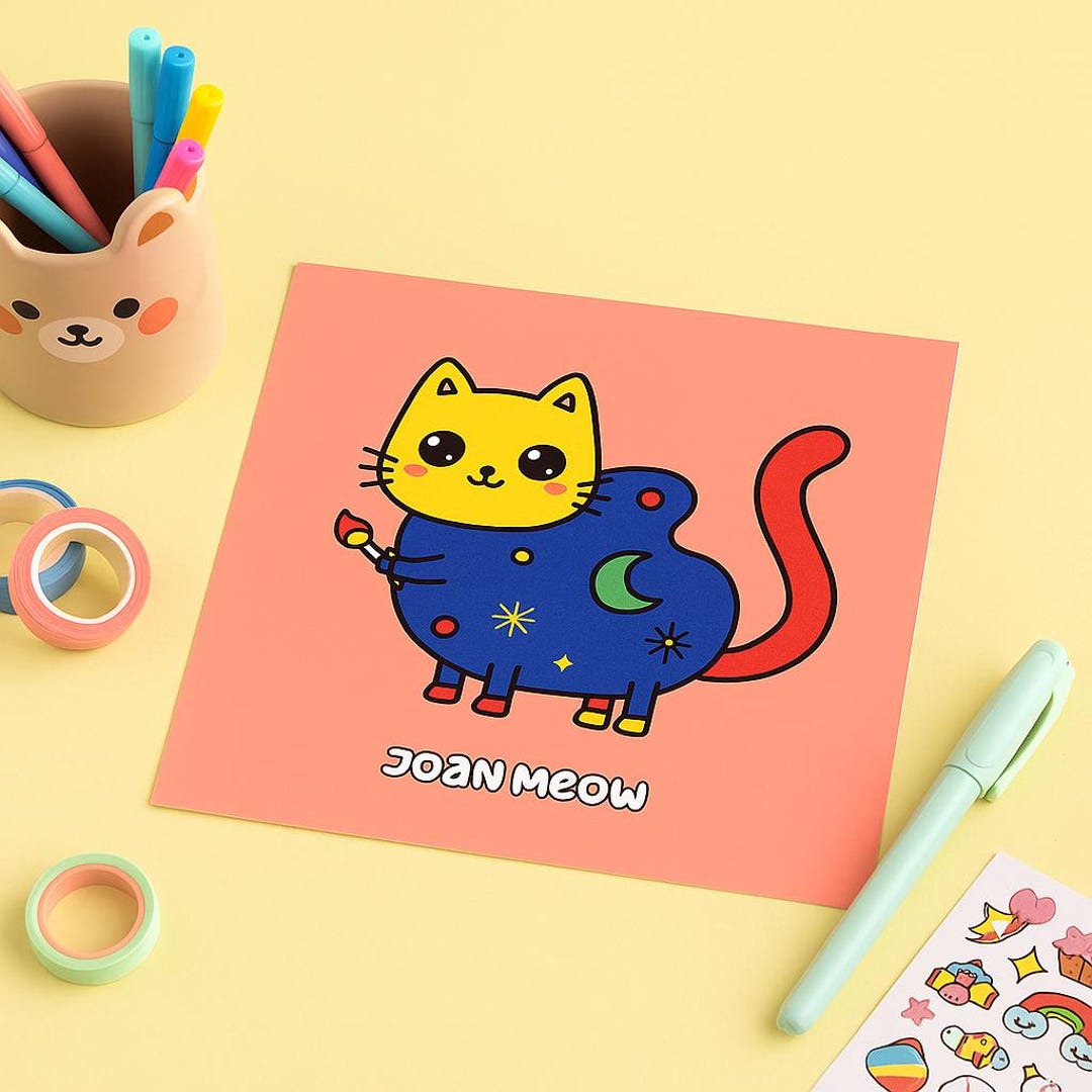 Kawaii Cat Art Print | Joan Meow, Colorful Kids Room Decor - Etsy
