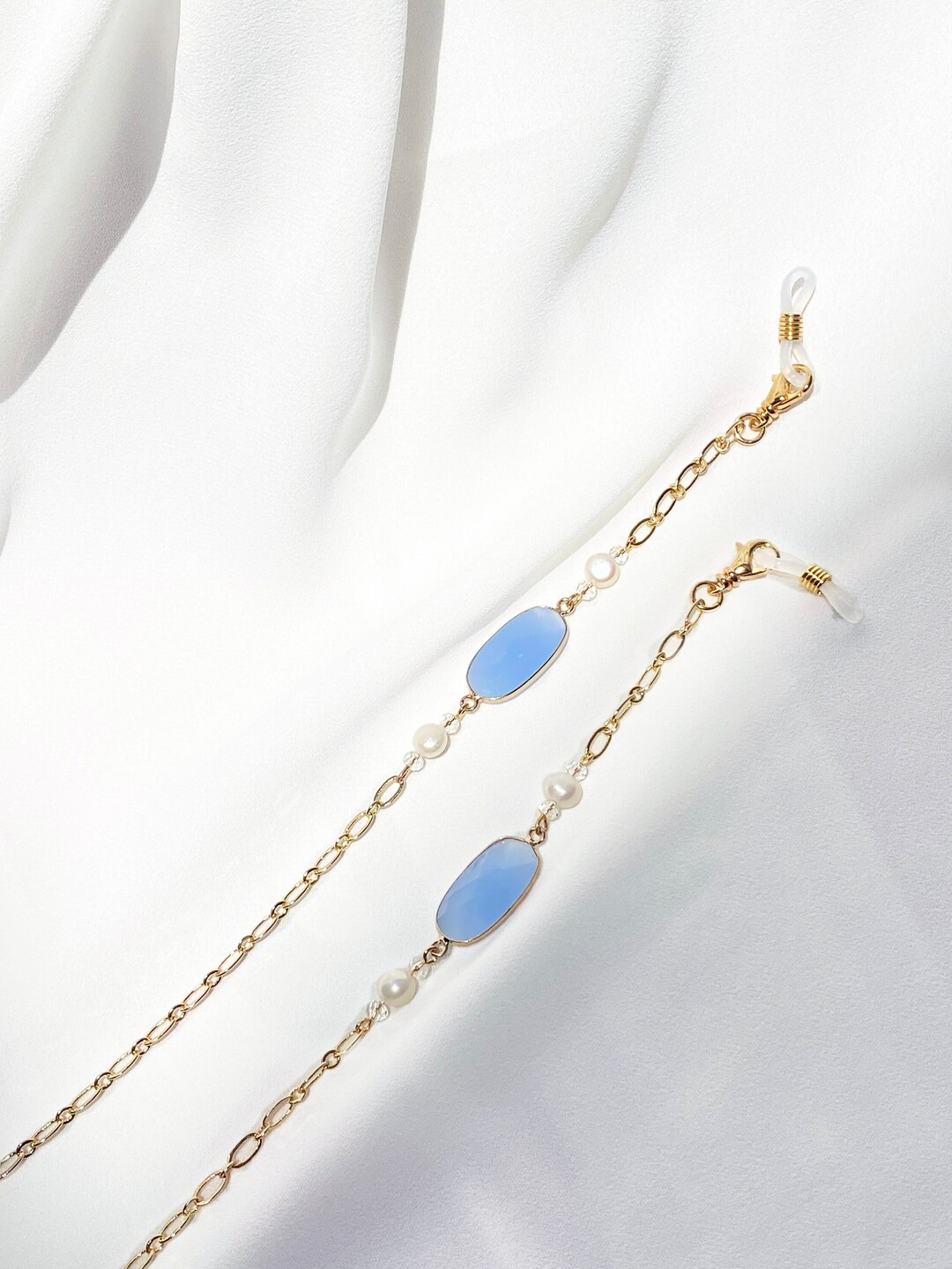 Periwinkle & Pearl Glasses Chain Elevated Gold Jewelry Hydrangea Blue ...