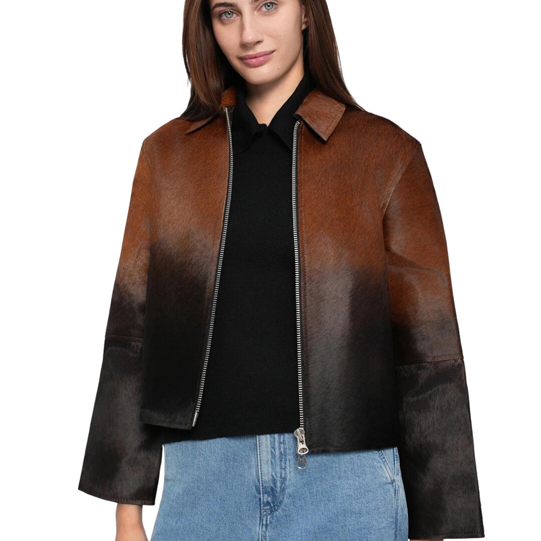 Brown Black Ombre Leather Jacket, Zip Front Colorblock Coat, Modern ...