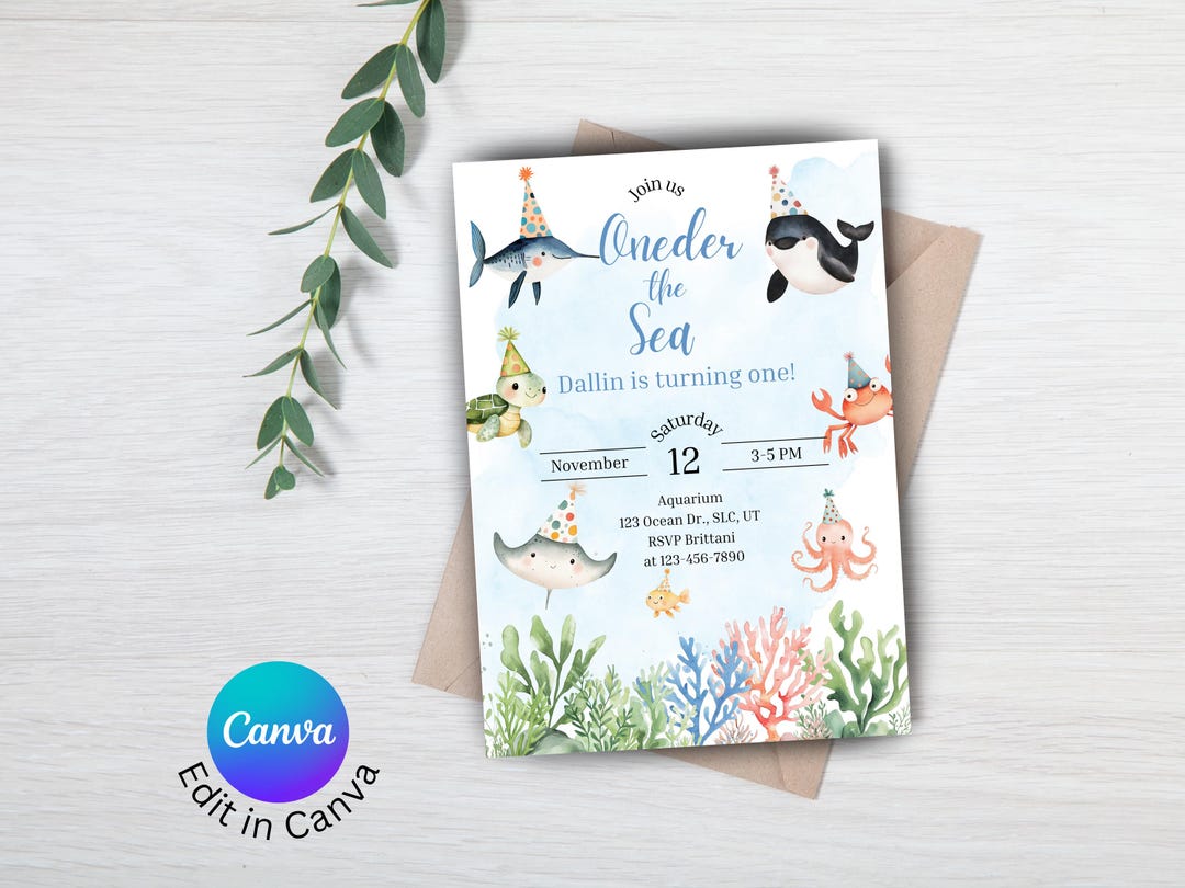 Oneder the Sea Birthday Invitation, Canva Template (digital Download ...