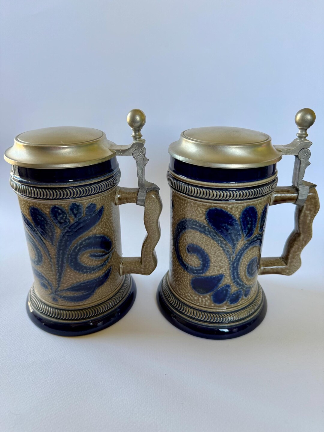 Vintage German Beer Stein Set | Cobalt Blue Floral Pewter Lids - Etsy